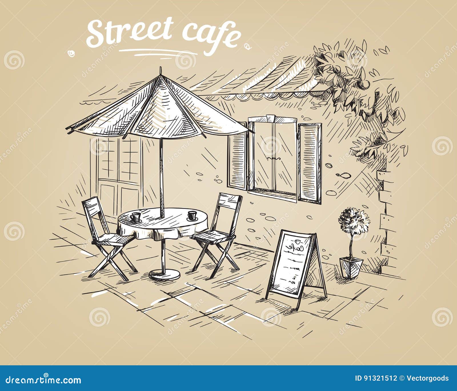 French Street Cafe, Hand Drawn Stock Vector - Illustration of dessert ...
