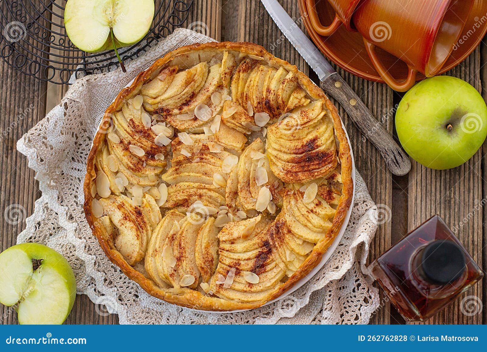 French Sweet Apple Tart with Apples, Cinnamon and Almonds Stock Photo ...
