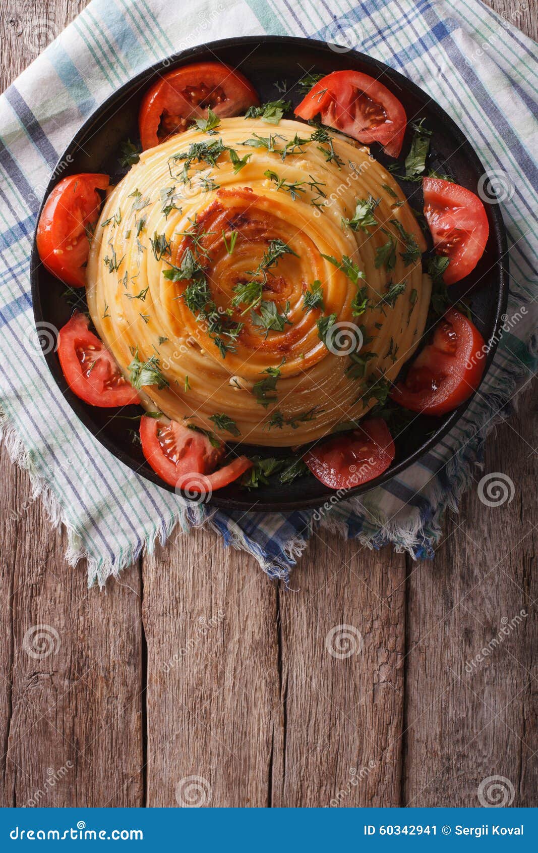 French Timbale of Pasta with Cheese and Vegetables. Vertical Top Stock ...