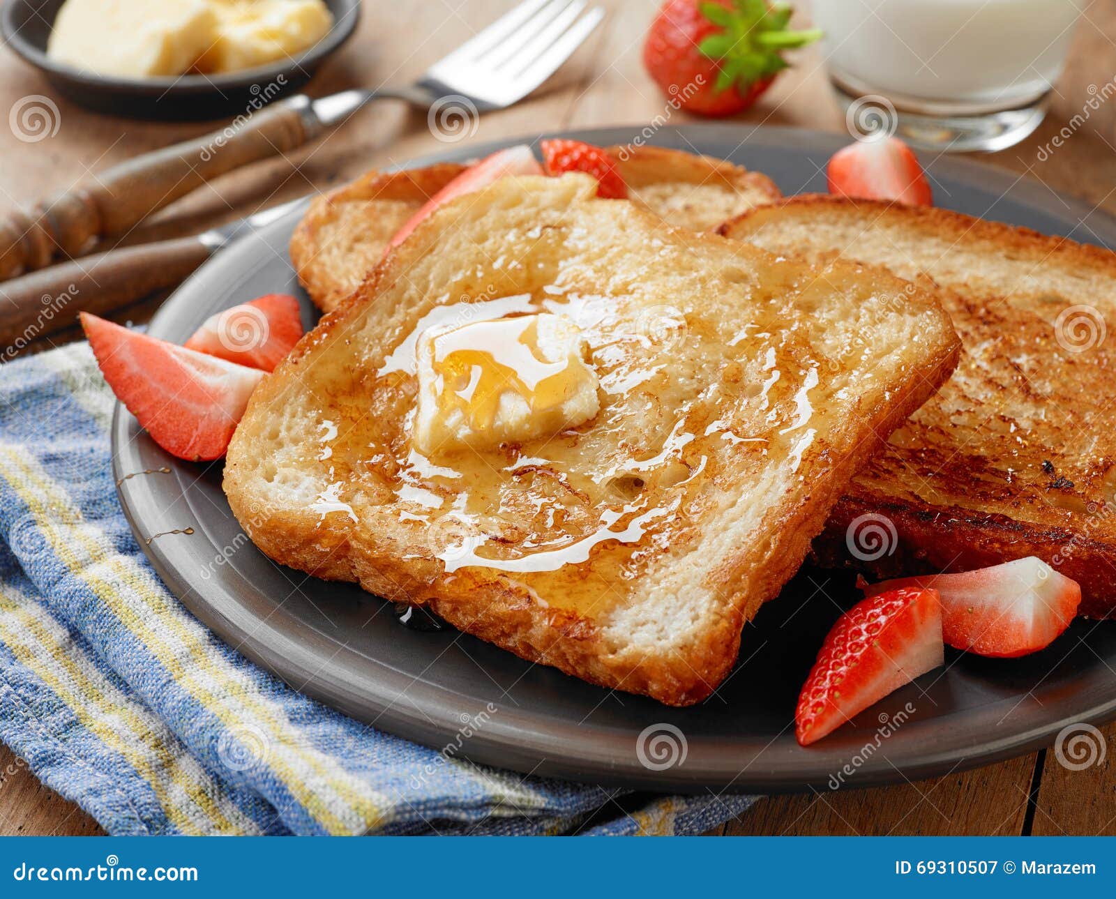 French Toast with Butter and Honey Stock Image - Image of glass, dark ...