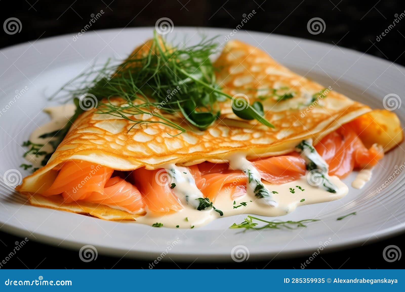 French Triangular Crepe Pancakes with Salmon and Herbs on a Plate Stock ...