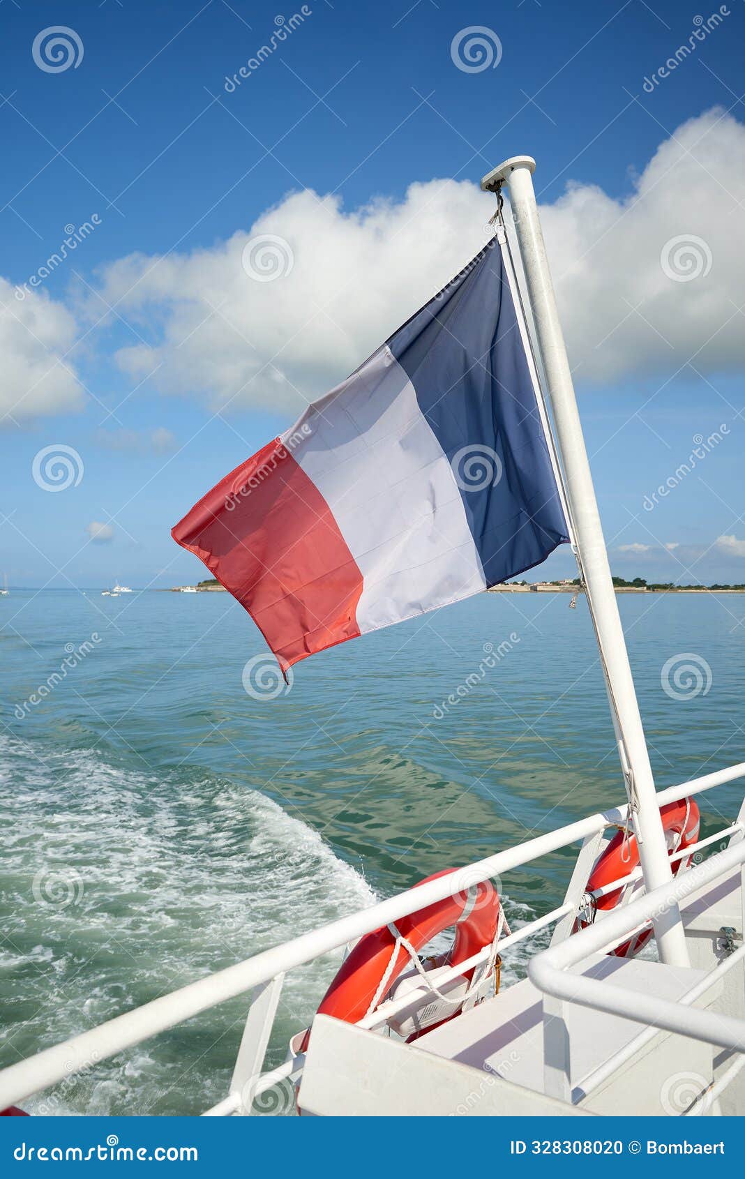 A French Tricolor Flag Floating on the Back from a Ferry Boat on Ocean ...