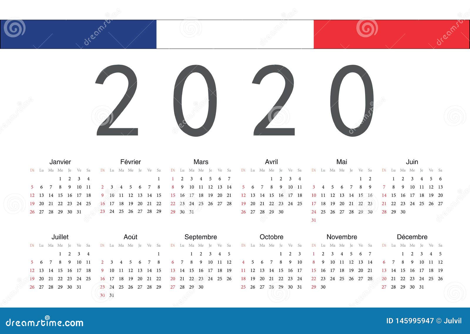 French 2020 Year Vector Calendar Stock Vector - Illustration of diary ...