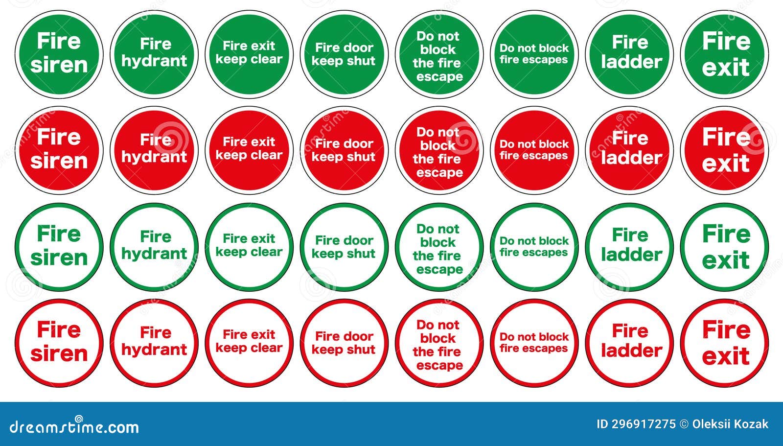 Frequently Used Signs in Case of Fire. Emergency Door Signs Stock ...