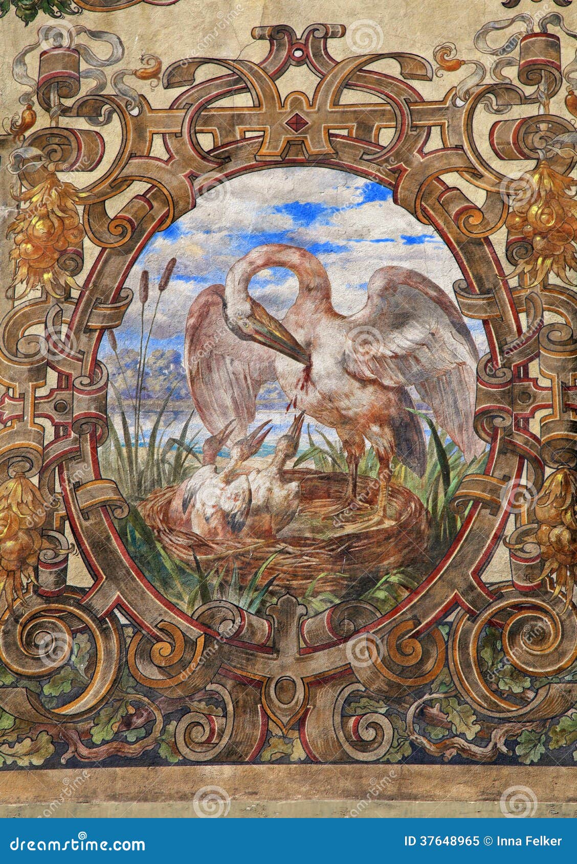 Fresco with Stork Nest on Medieval Building Stock Image - Image of ...