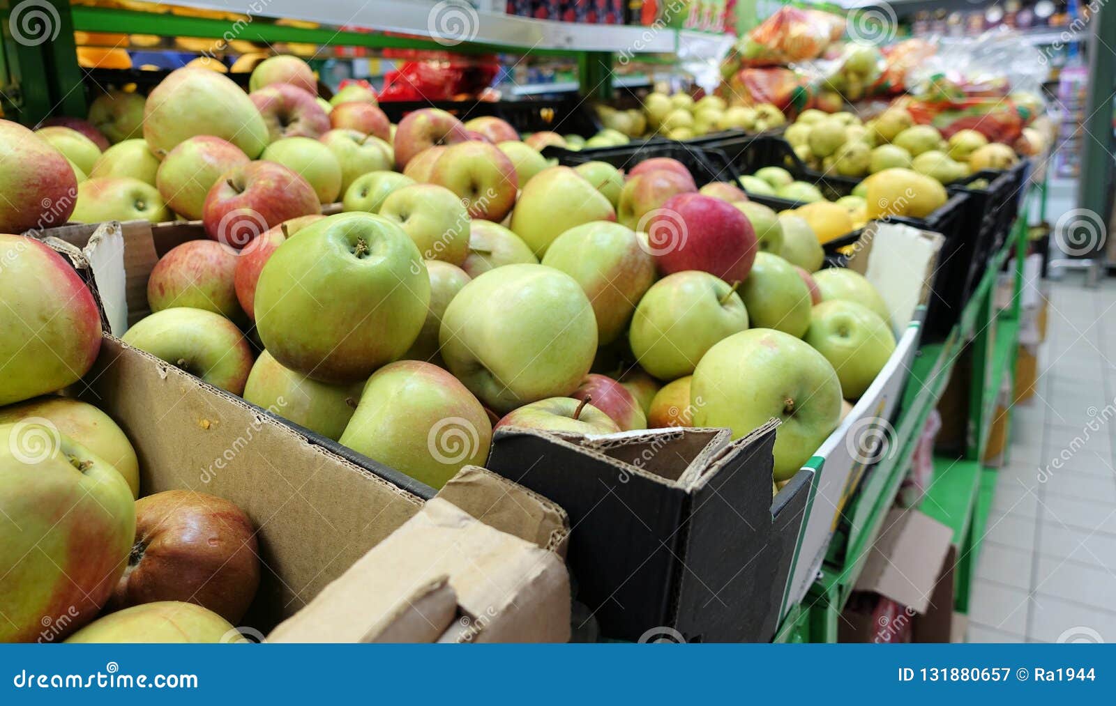 Fresh Apples on Store Shelves in Boxes Stock Image - Image of fruit ...