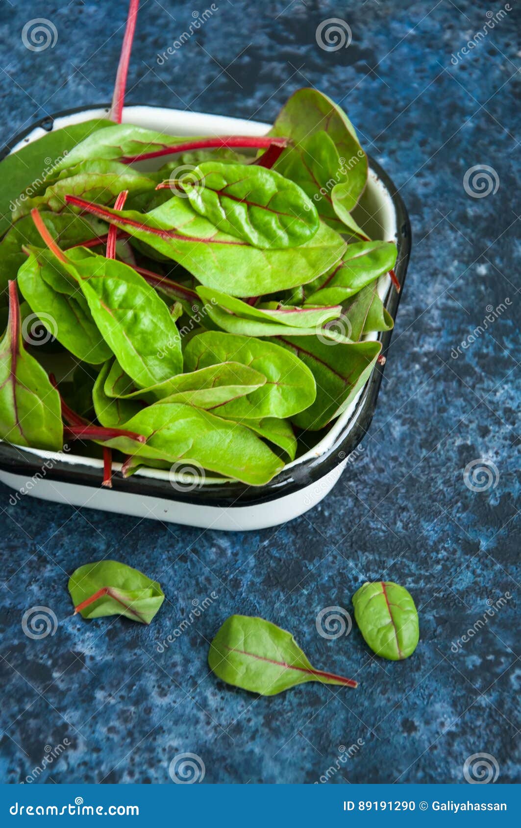 Fresh Baby Mangold Leaves on a Blue Textured Background. Stock Photo ...