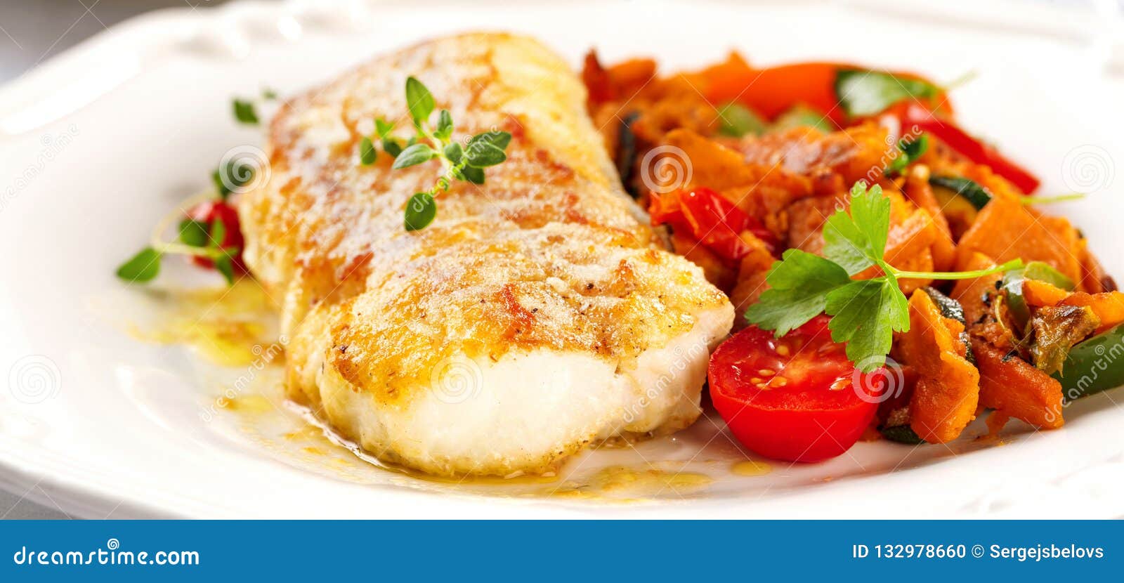 Fresh Backed Codfish Filet on White Table. Stock Photo - Image of ...
