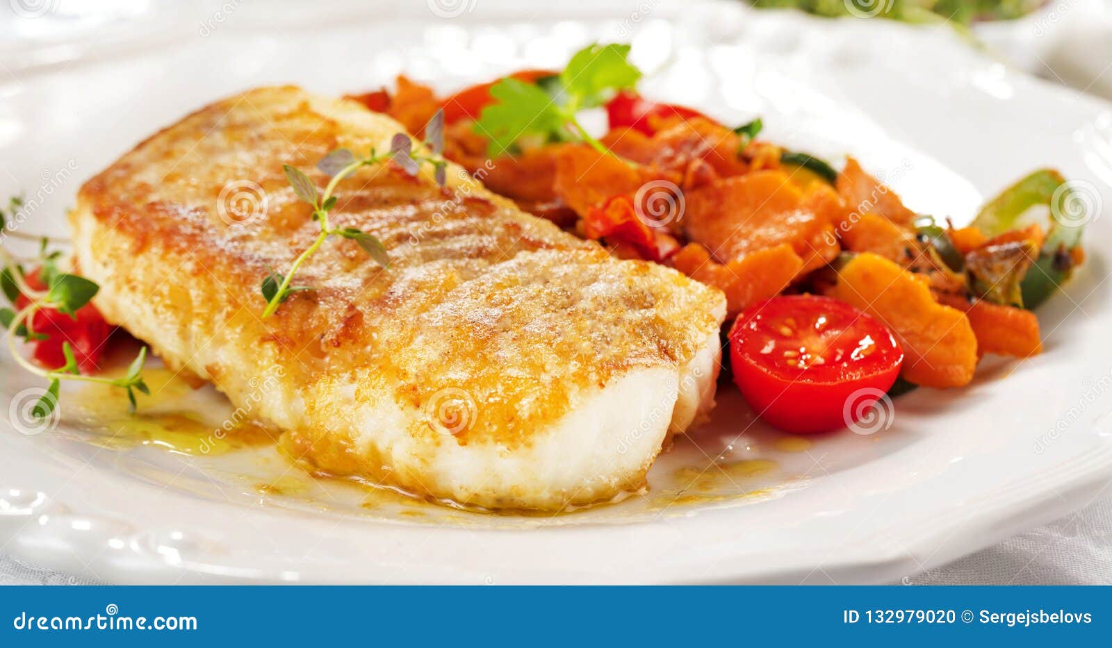 Fresh Backed Codfish Filet on White Table. Stock Photo - Image of menu ...