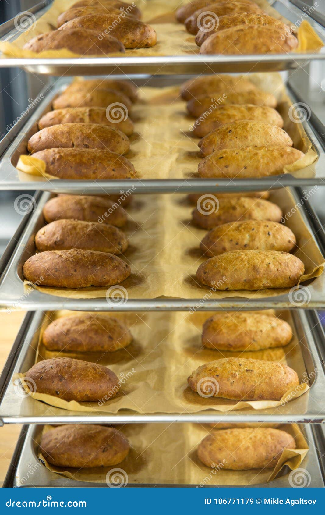 Fresh Baked Bread in Tray Rack in Stack Stock Image - Image of cooler ...