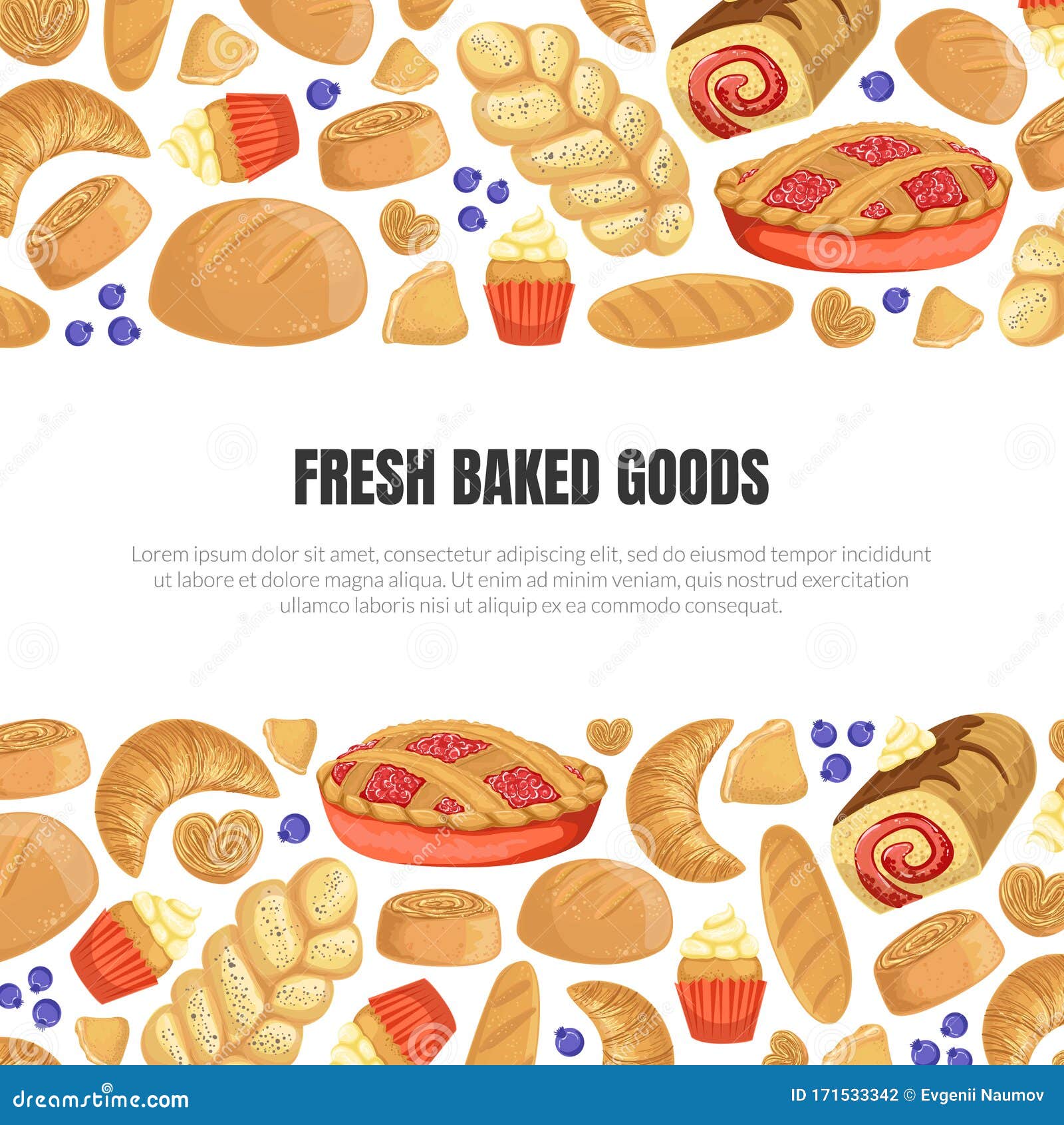 Fresh Baked Goods Banner Template with Baking Products Seamless Pattern ...