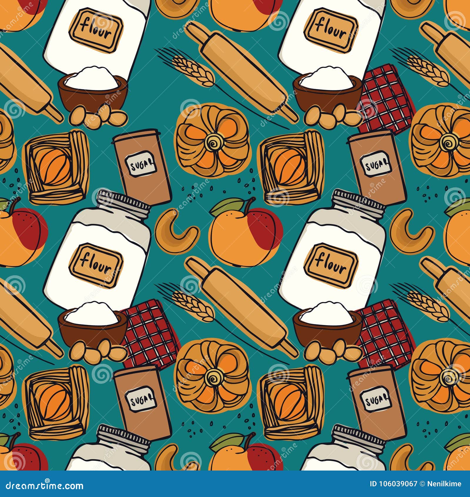Fresh Bakery Apple Desserts Seamless Pattern Blue Background Stock ...