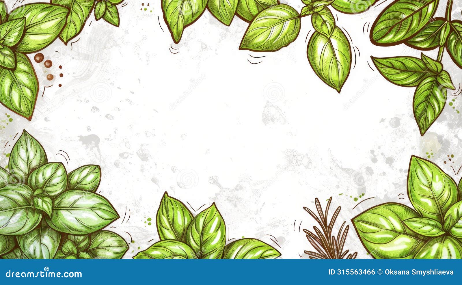 Fresh Basil and Herbs Border on Textured Background for Culinary ...