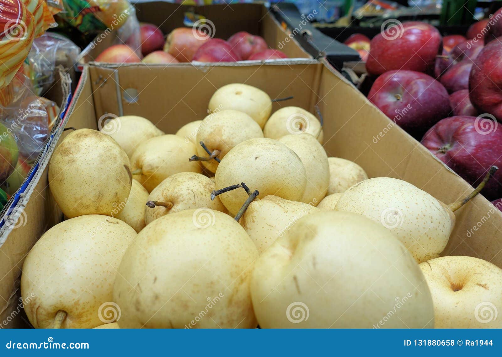 Fresh Beautiful Yellow Pears in the Store in Boxes Stock Photo - Image ...