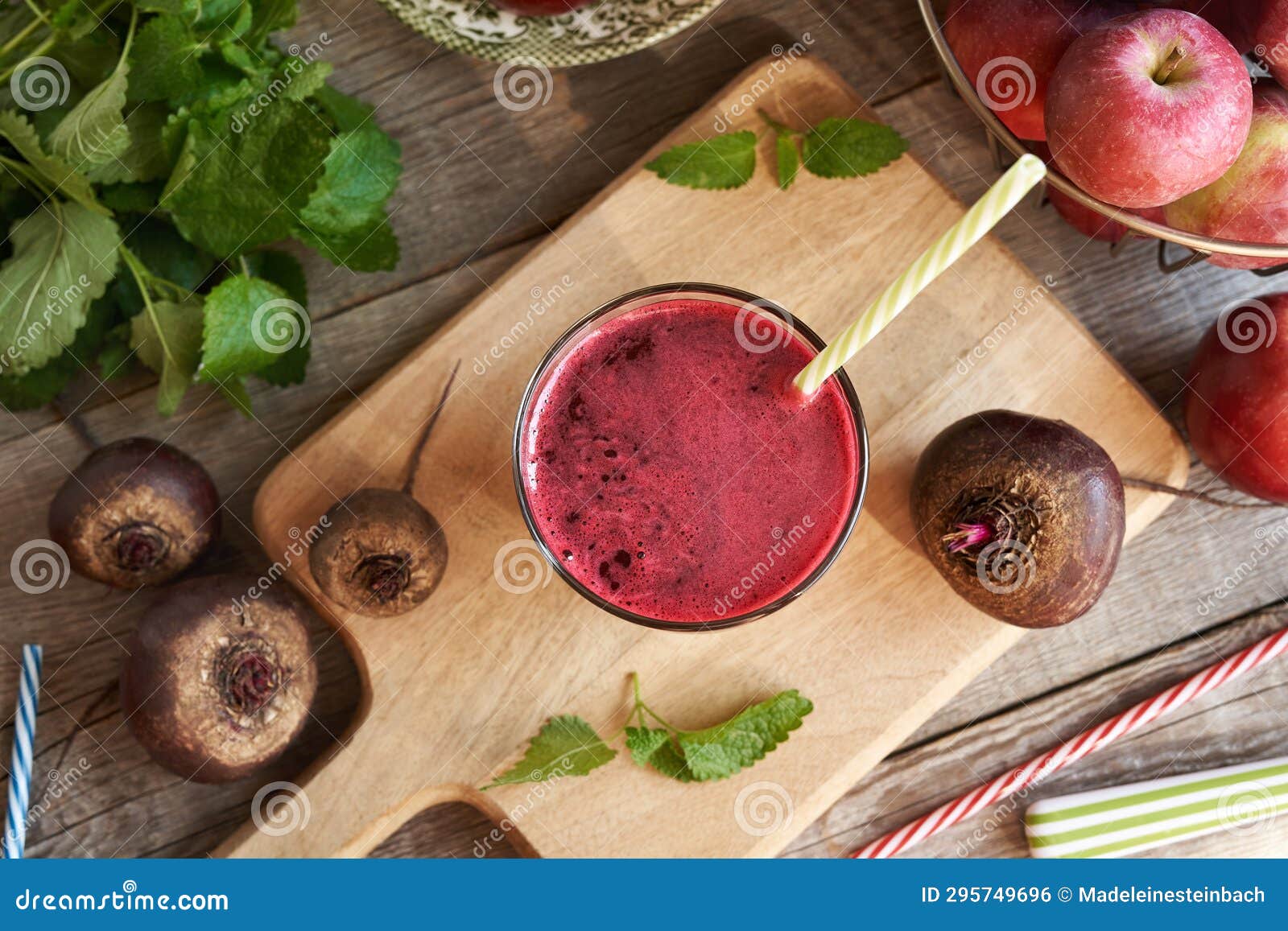 Fresh Beetroot Juice with Apples on a Table, Top View Stock Photo ...