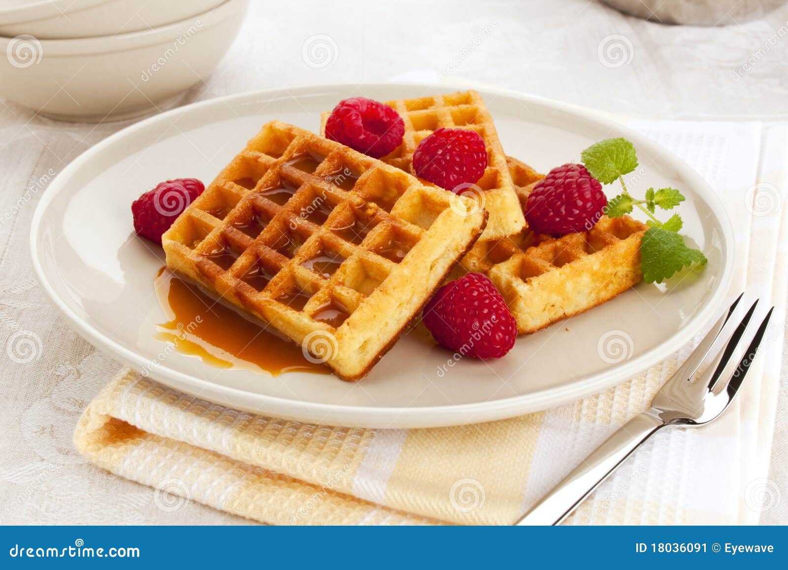 Fresh Belgian Waffles with Syrup and Raspberries Stock Image - Image of ...