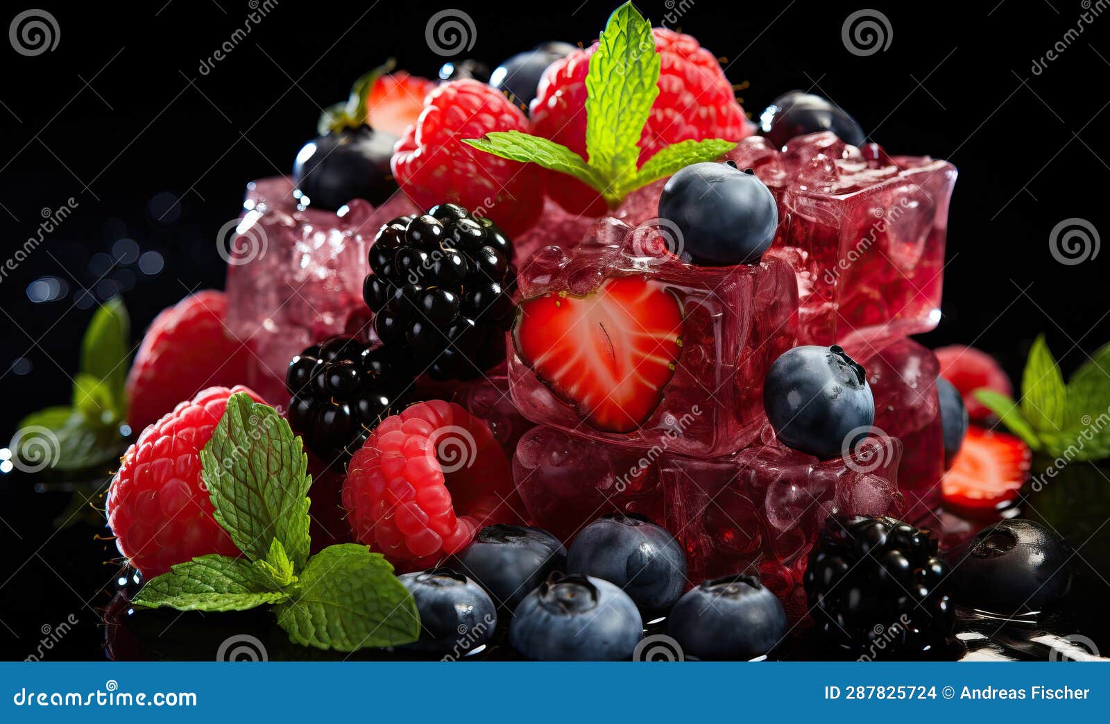 Fresh Berries in Ice Cubes on a Dark Background. Stock Photo - Image of ...