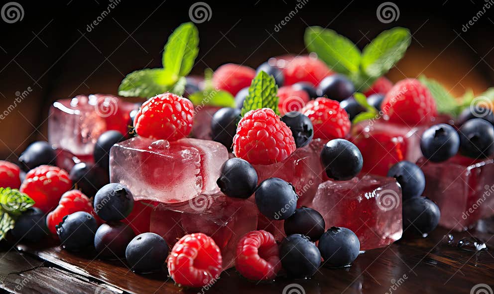 Fresh Berries in Ice Cubes on a Dark Background. Stock Illustration ...
