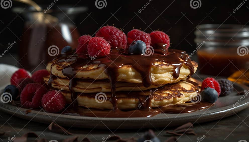 Fresh Berry Stack, Drizzled with Chocolate Syrup Generated by AI Stock ...