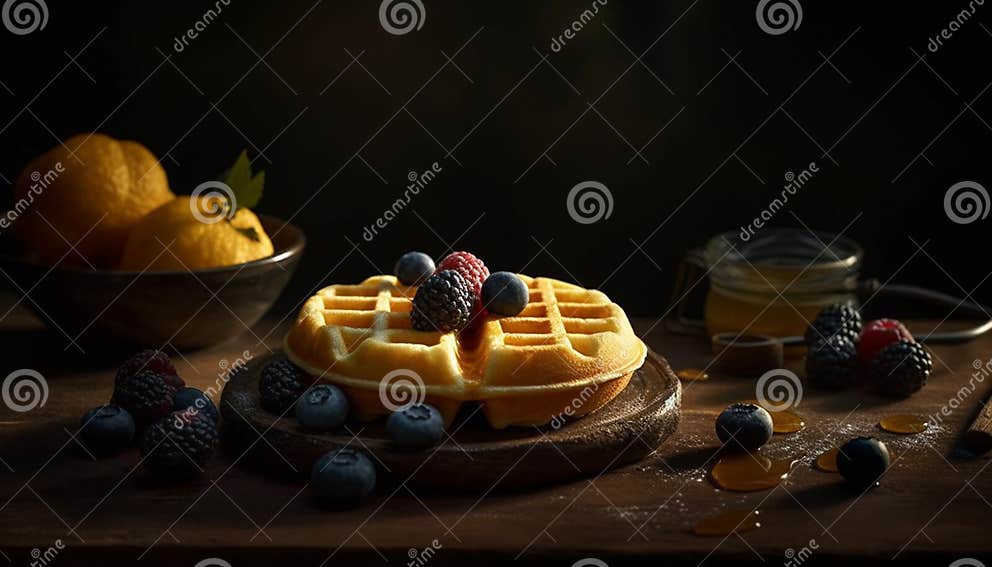Fresh Berry Stack on Rustic Wood Plate, Belgian Waffle Indulgence ...