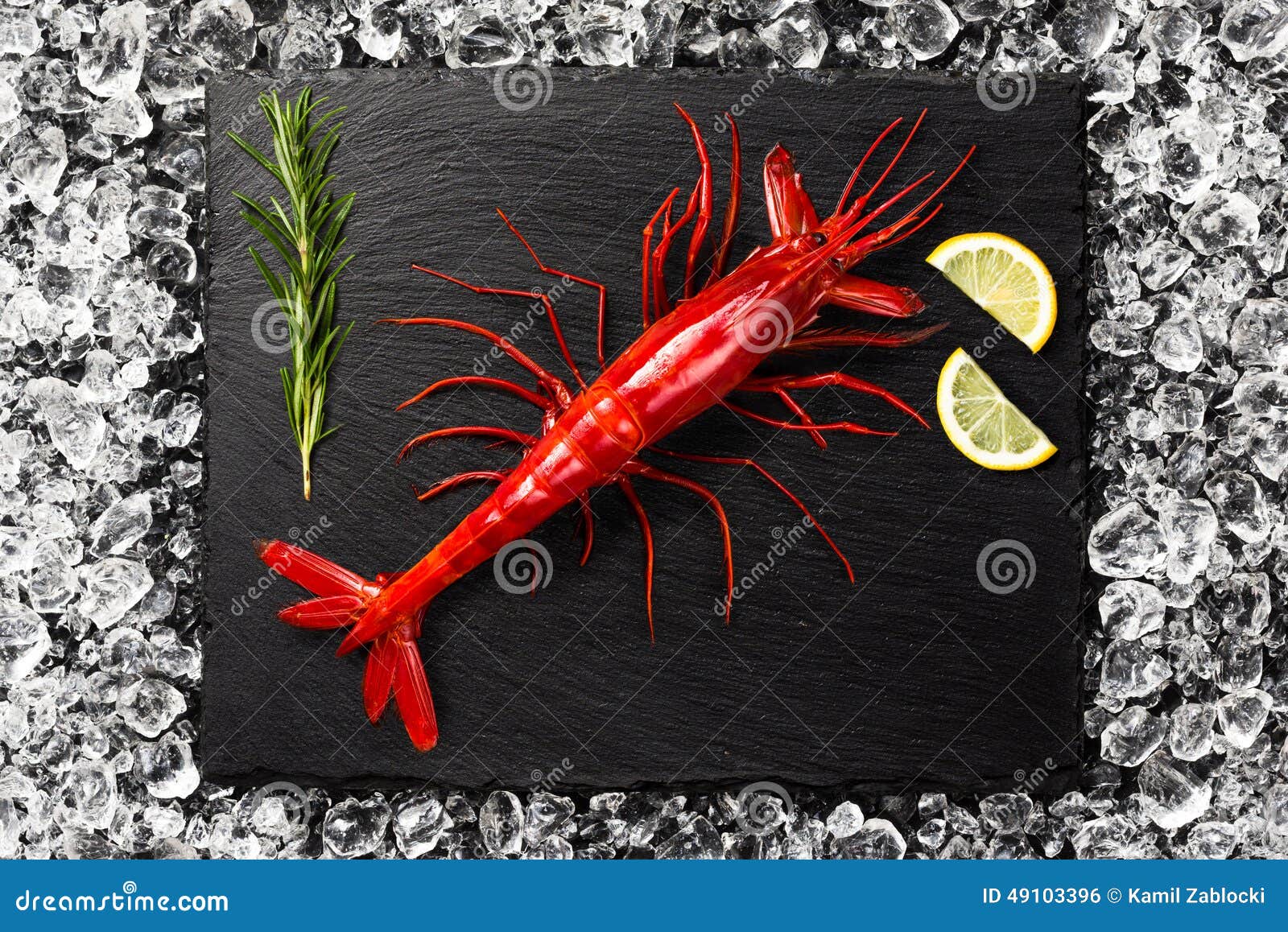 Fresh Big Red Shrimp on Ice on a Black Stone Table Stock Photo - Image ...