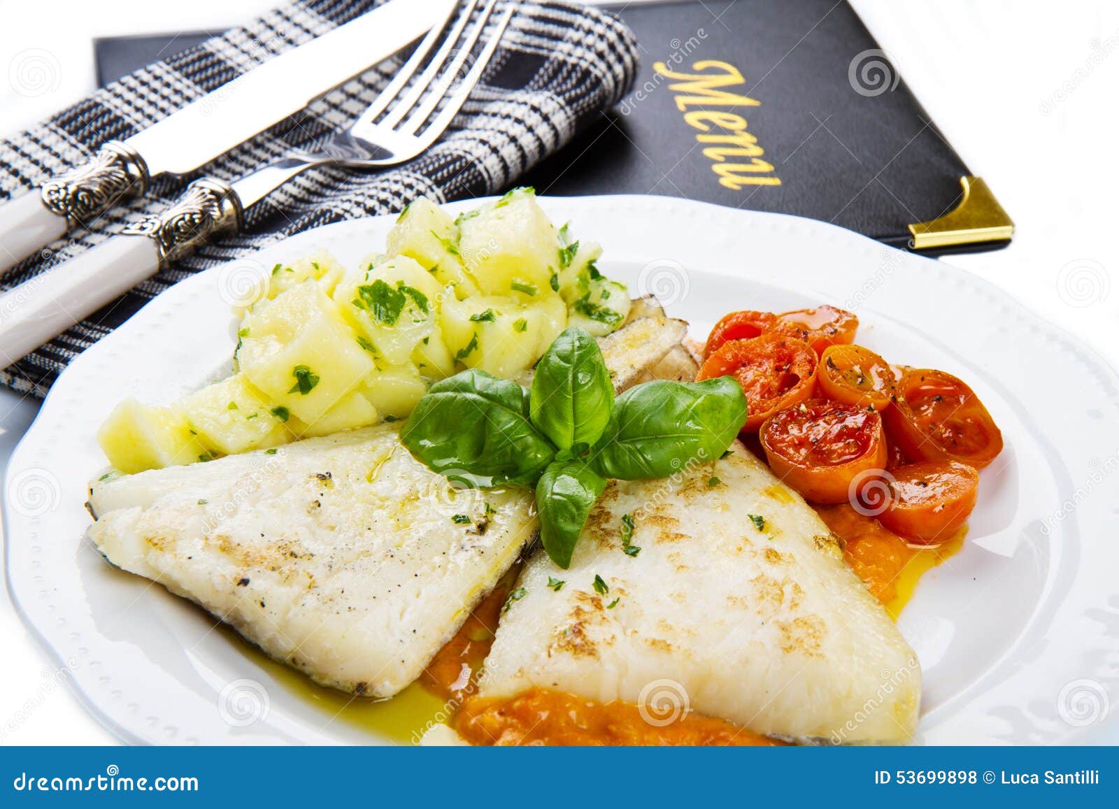 Fresh Black Cod with Potatoes and Tomatoes Sauce Stock Photo - Image of ...