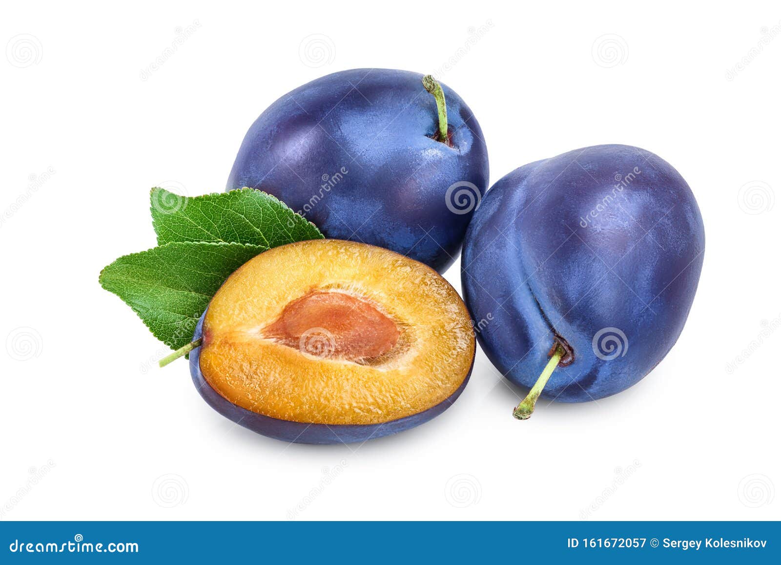 Fresh Blue Plum and Half with Leaves Isolated on White Background Stock ...