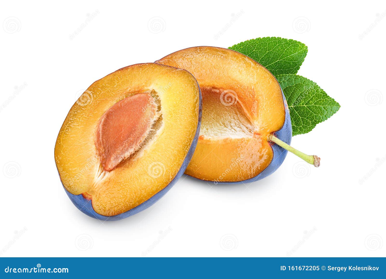 Fresh Blue Plum Half with Leaves Isolated on White Background Stock ...