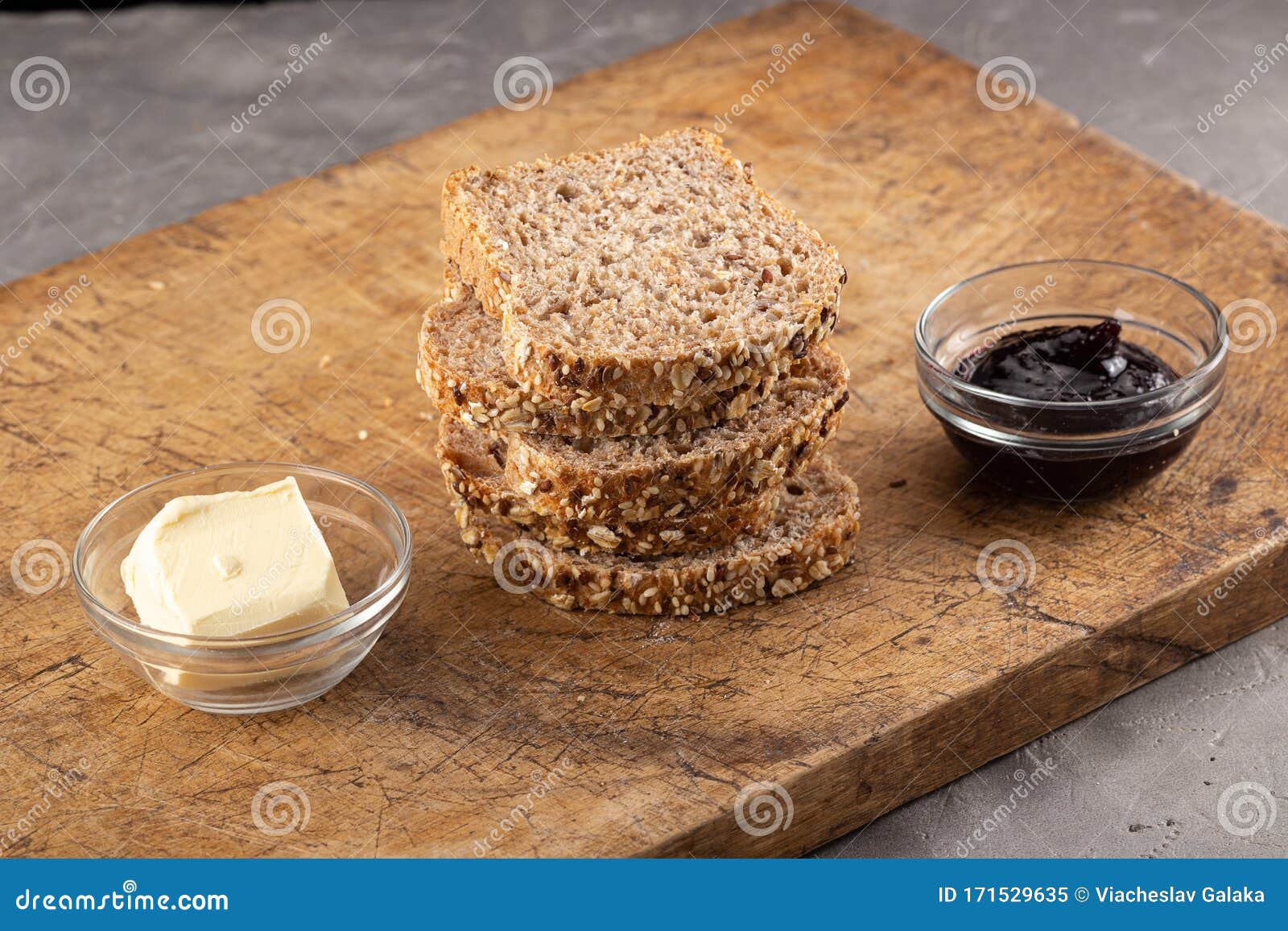 Fresh Bread with Butter, Jam on a Table. Breakfast Stock Image - Image ...