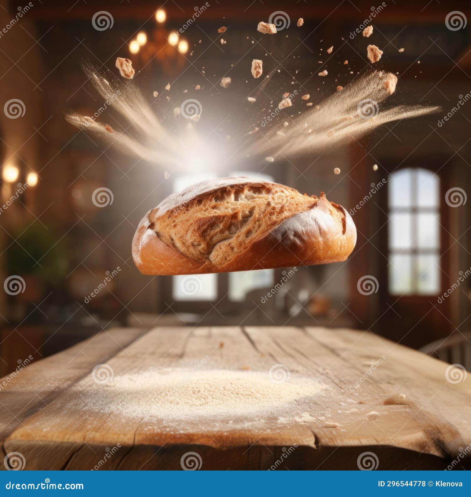 Fresh Bread Flying Away and Levitating on Table Stock Photo - Image of ...