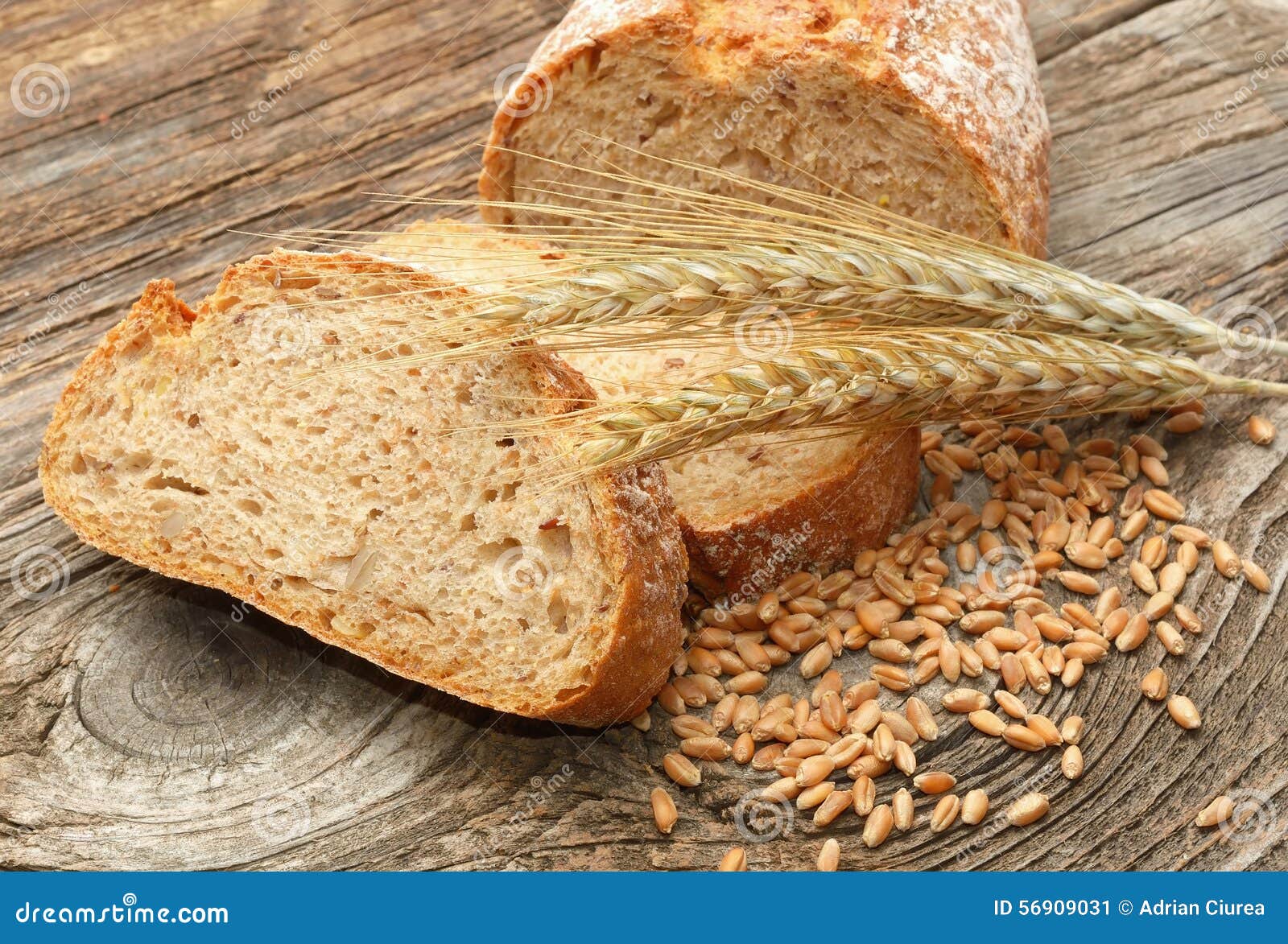 Fresh Bread and Wheat on Wooden Background Stock Image - Image of ...
