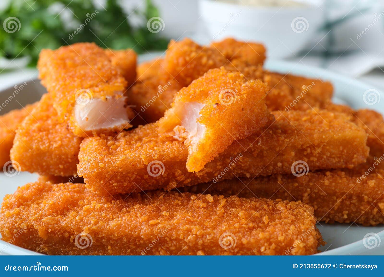 Fresh Breaded Fish Fingers on Plate, Closeup Stock Photo - Image of ...