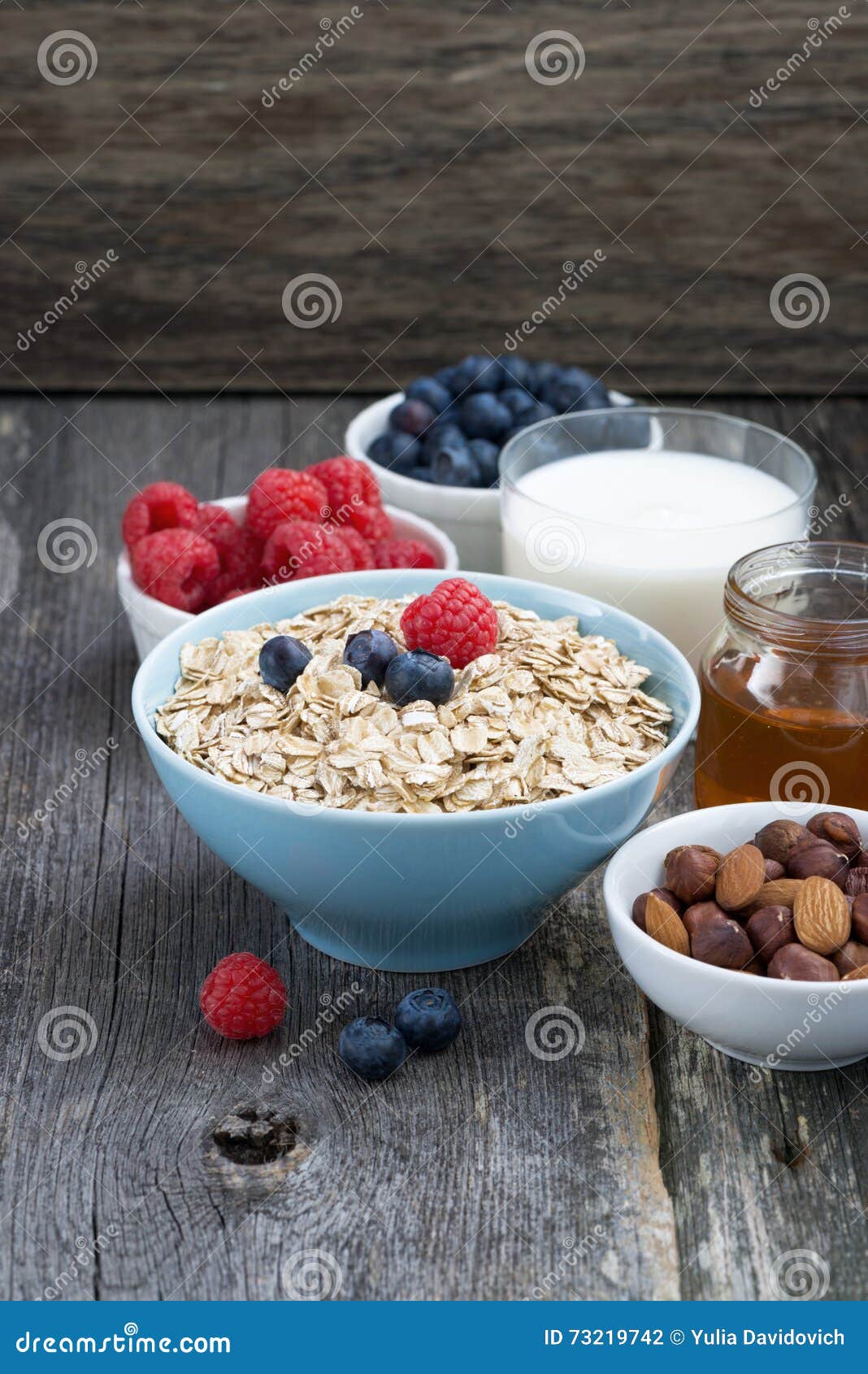 Fresh Breakfast Products on a Wooden Background, Vertical Stock Photo ...