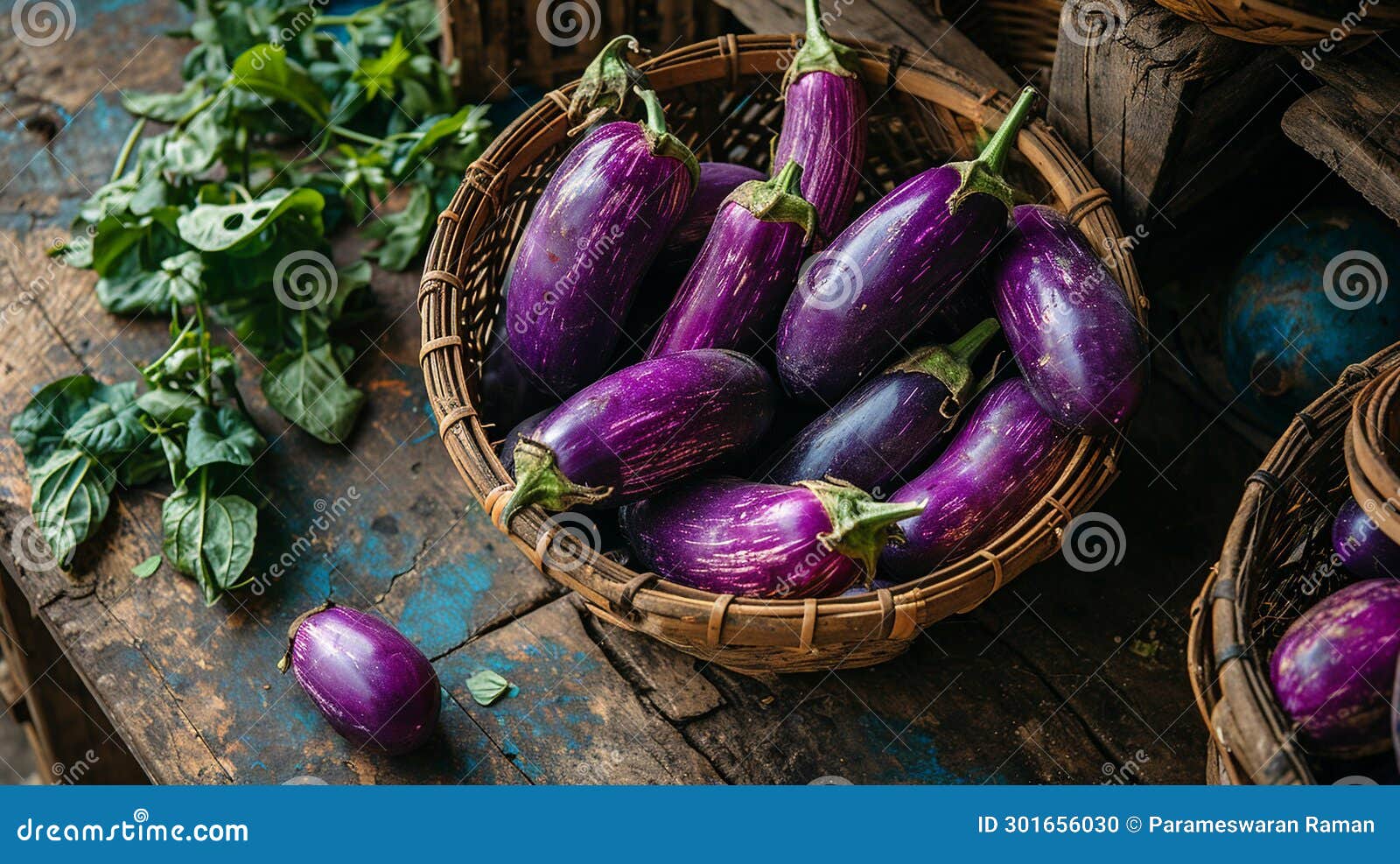 Fresh brinjal on basket stock illustration. Illustration of leaf ...