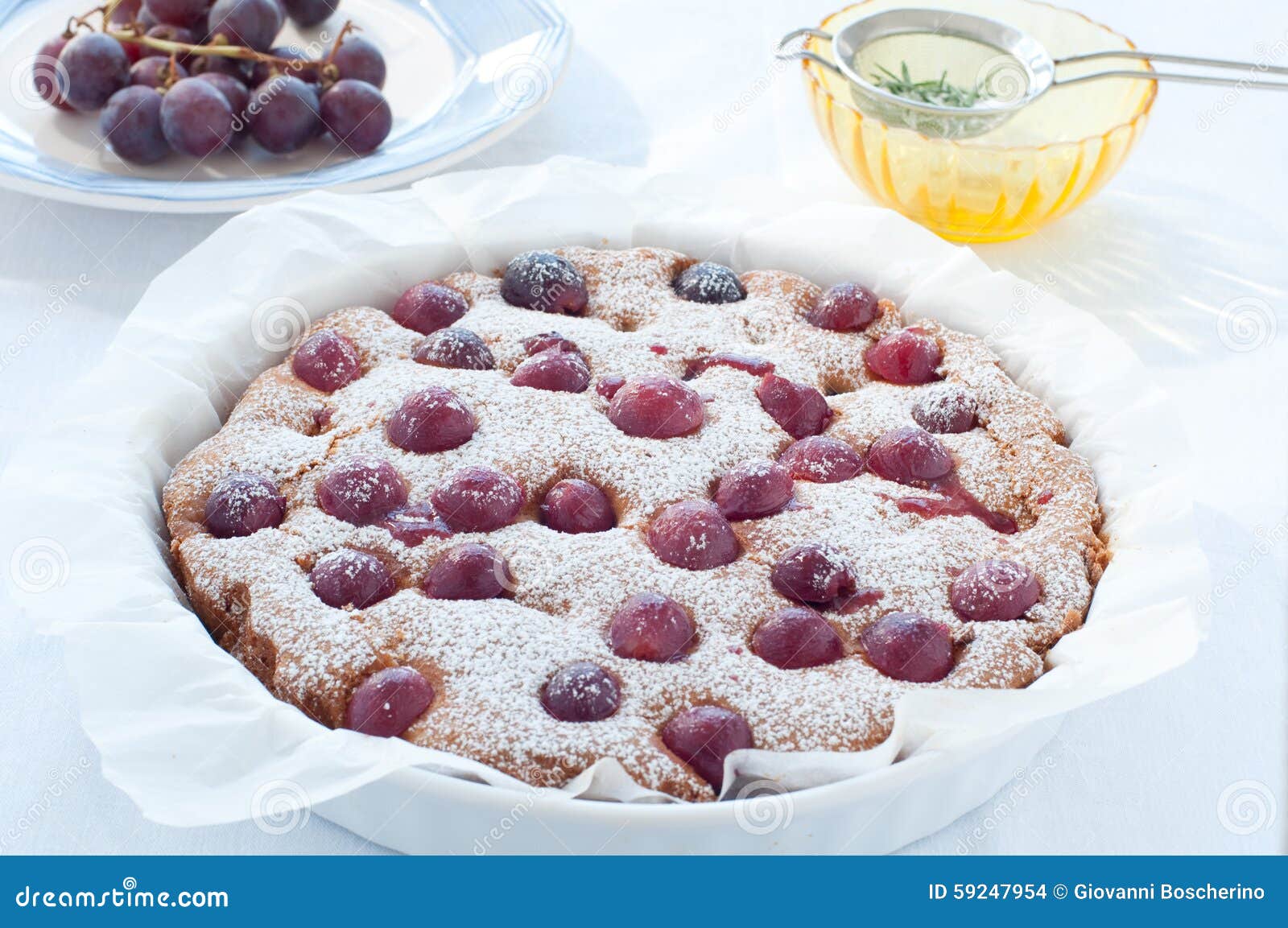 Fresh Cake with Red Grape Season and Icing Sugar Stock Photo - Image of ...