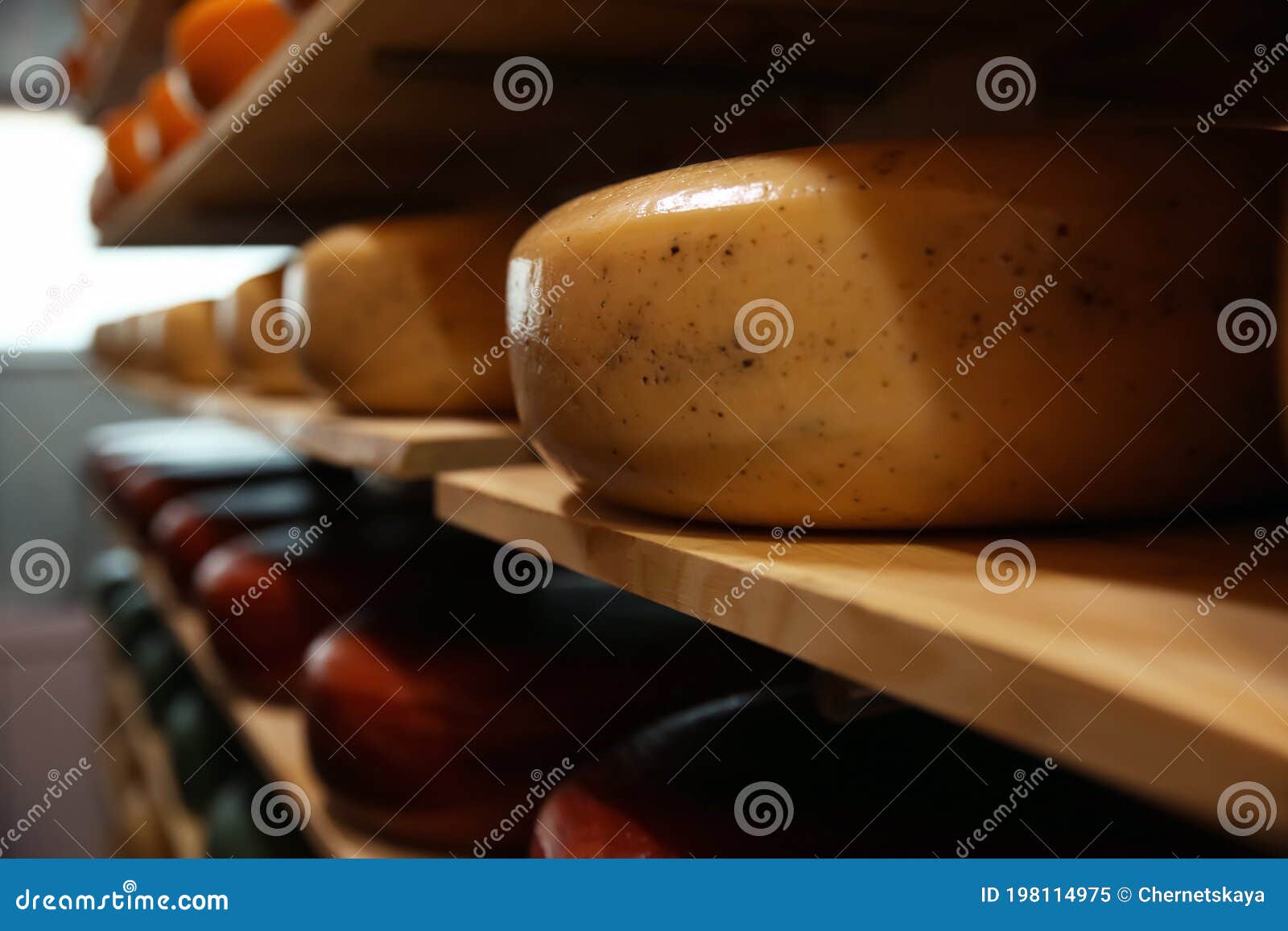 Fresh Cheese on Rack in Factory Warehouse, Closeup Stock Image - Image ...