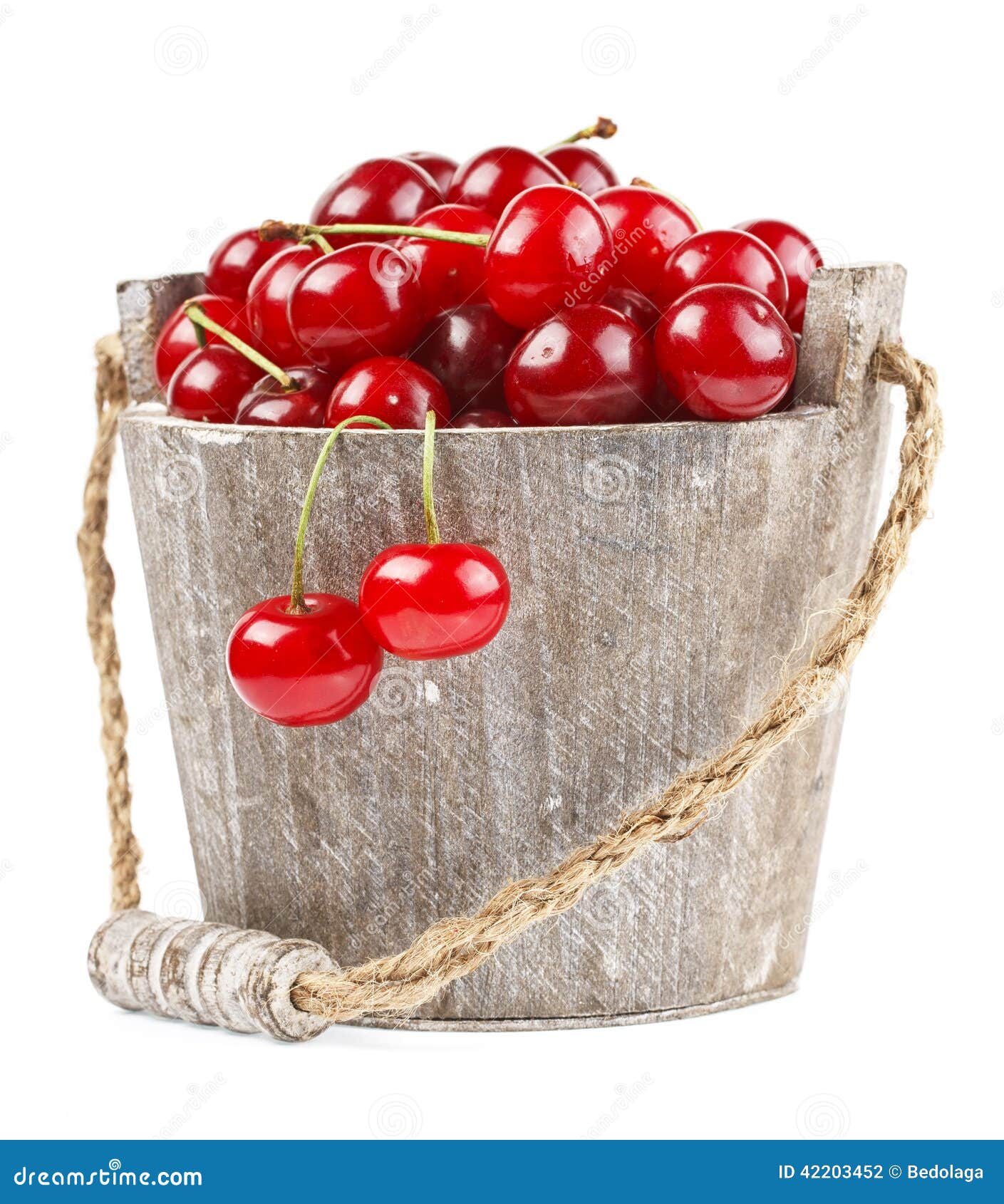 Fresh Cherries in a Wood Bucket Stock Photo - Image of copyspace, fresh ...