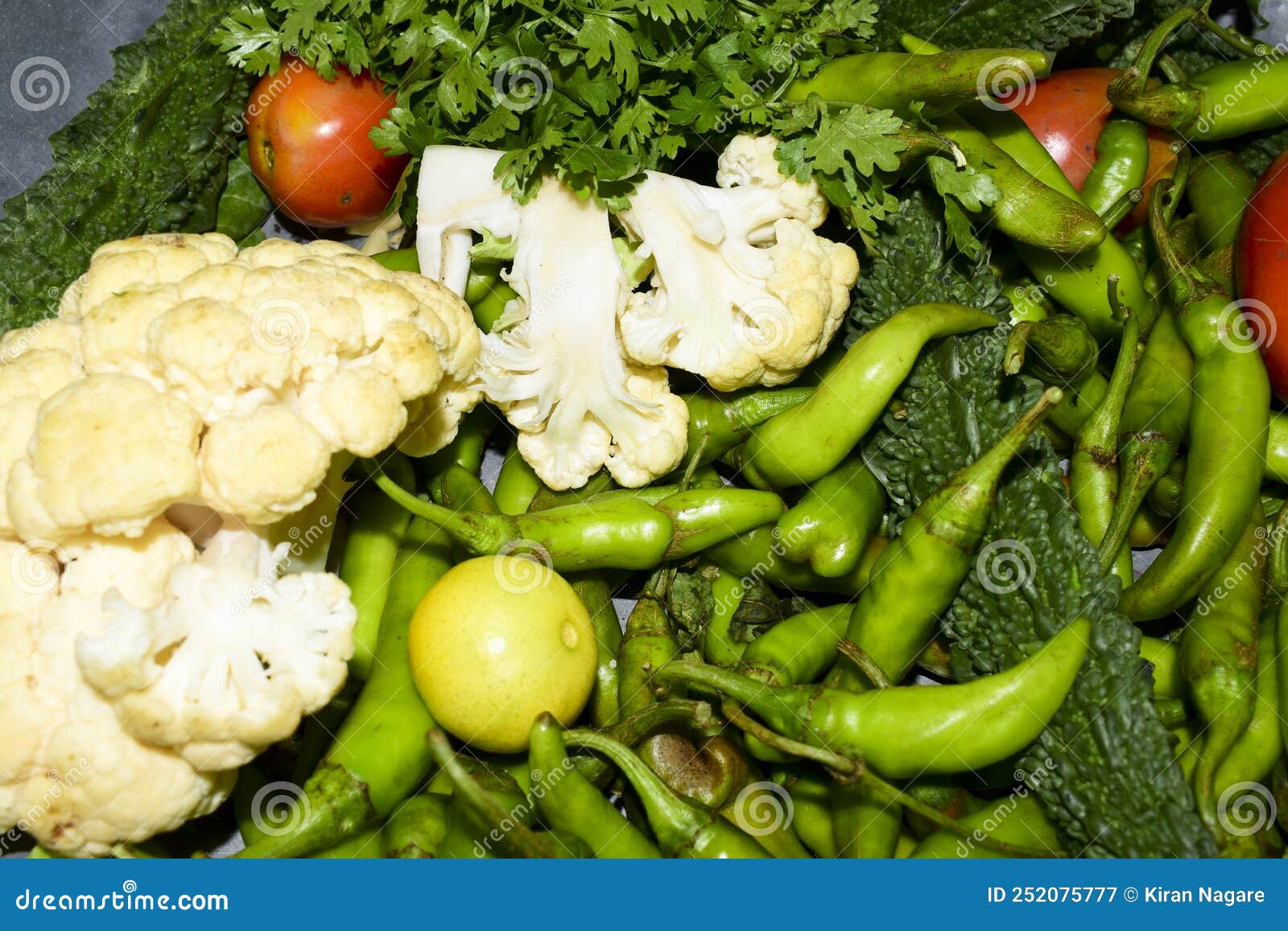 Fresh Chilli, Cauliflower, Bitter Gourd, Tomato Vegetables Stock Image ...