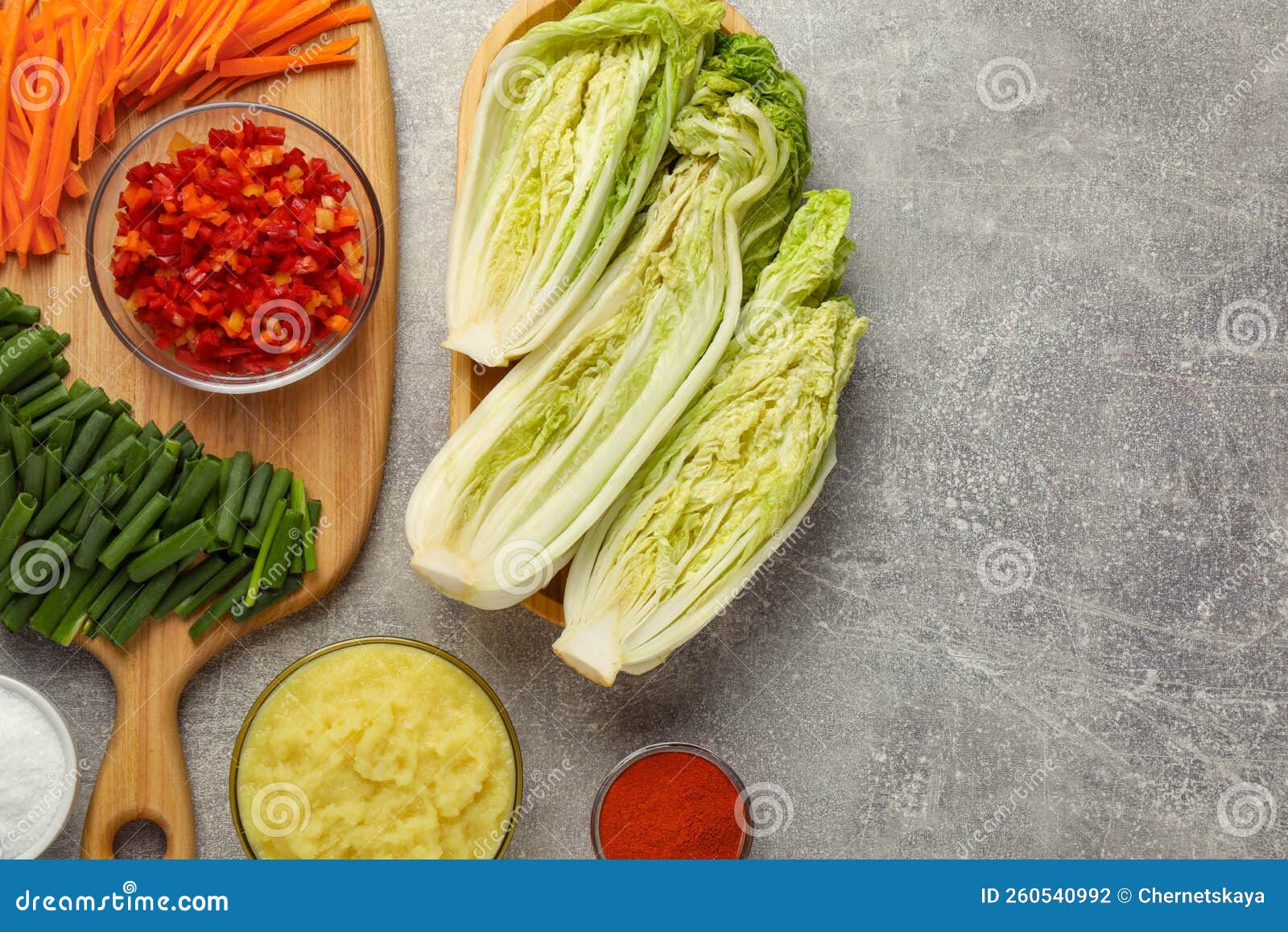 Fresh Chinese Cabbages and Other Kimchi Ingredients on Light Grey Table ...
