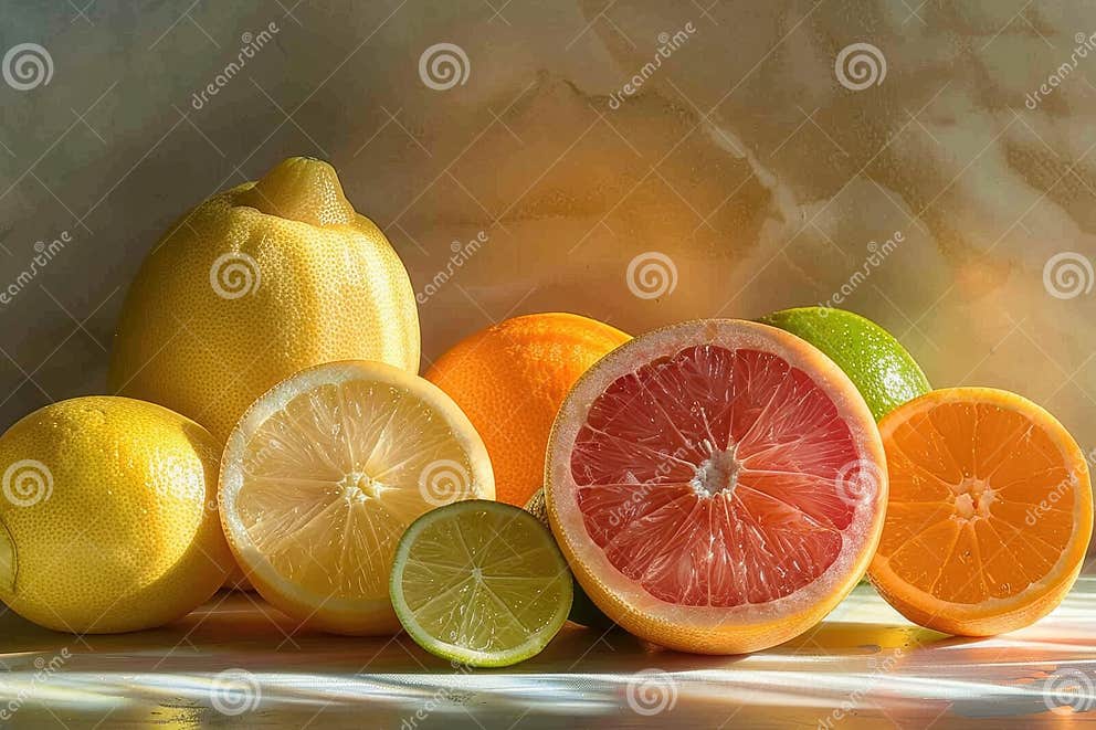 Fresh Citrus Fruits Assortment on Rustic Table Stock Image - Image of ...