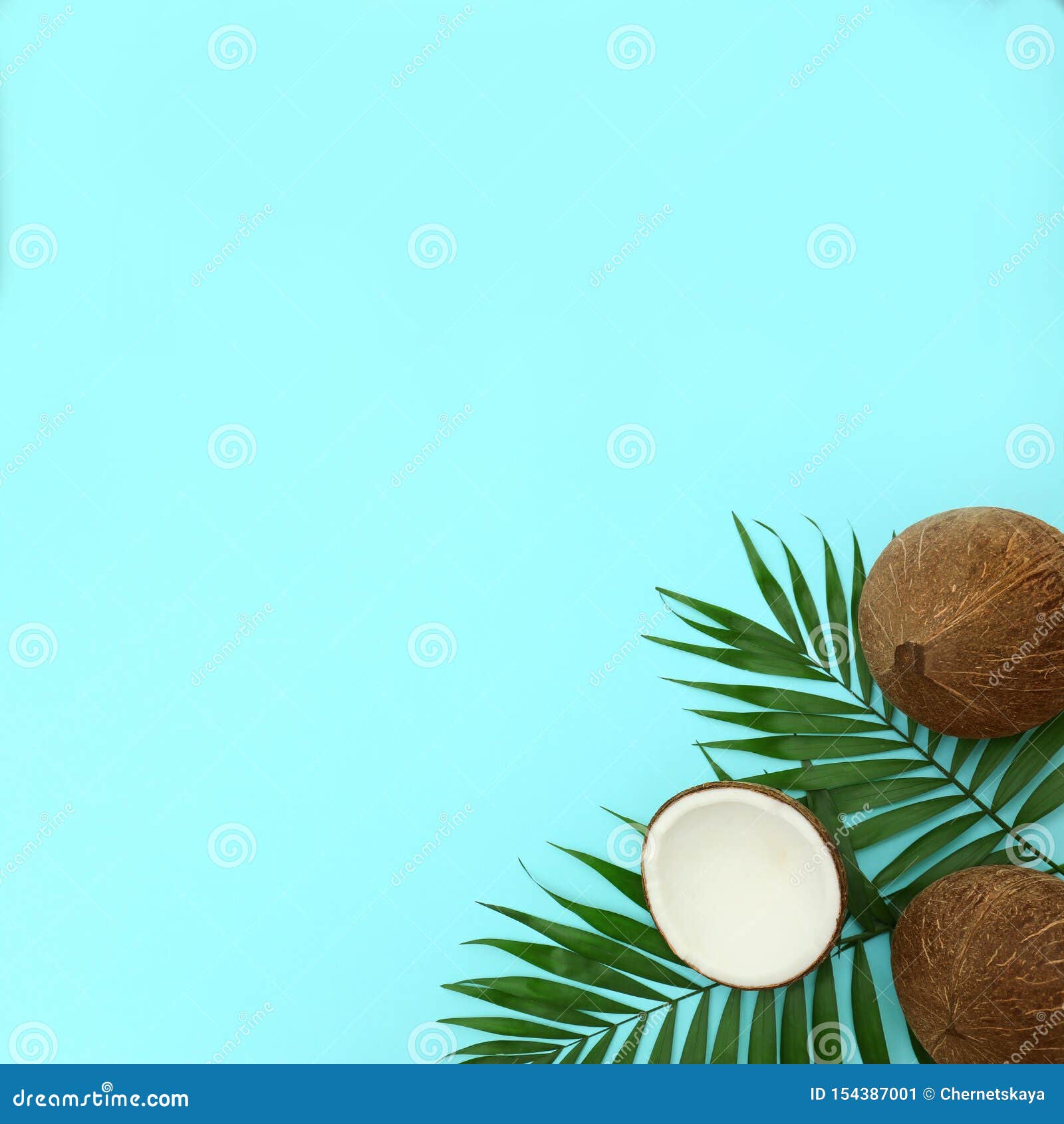 Fresh Coconuts and Palm Leaves on Light Blue Background, Flat Lay ...