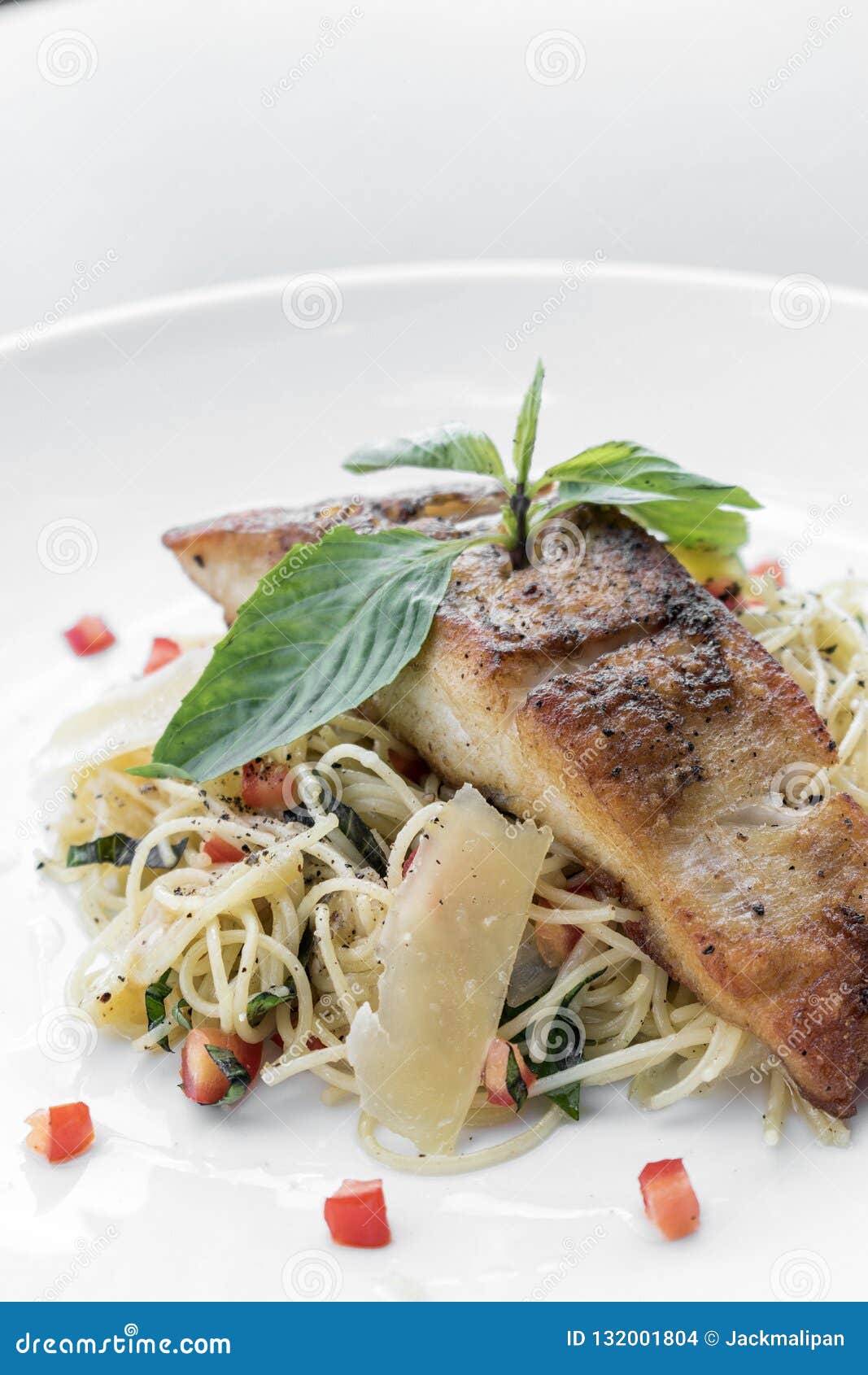 Fresh Fish Fillet on Mixed Vegetable and Parmesan Spaghetti Past Stock ...