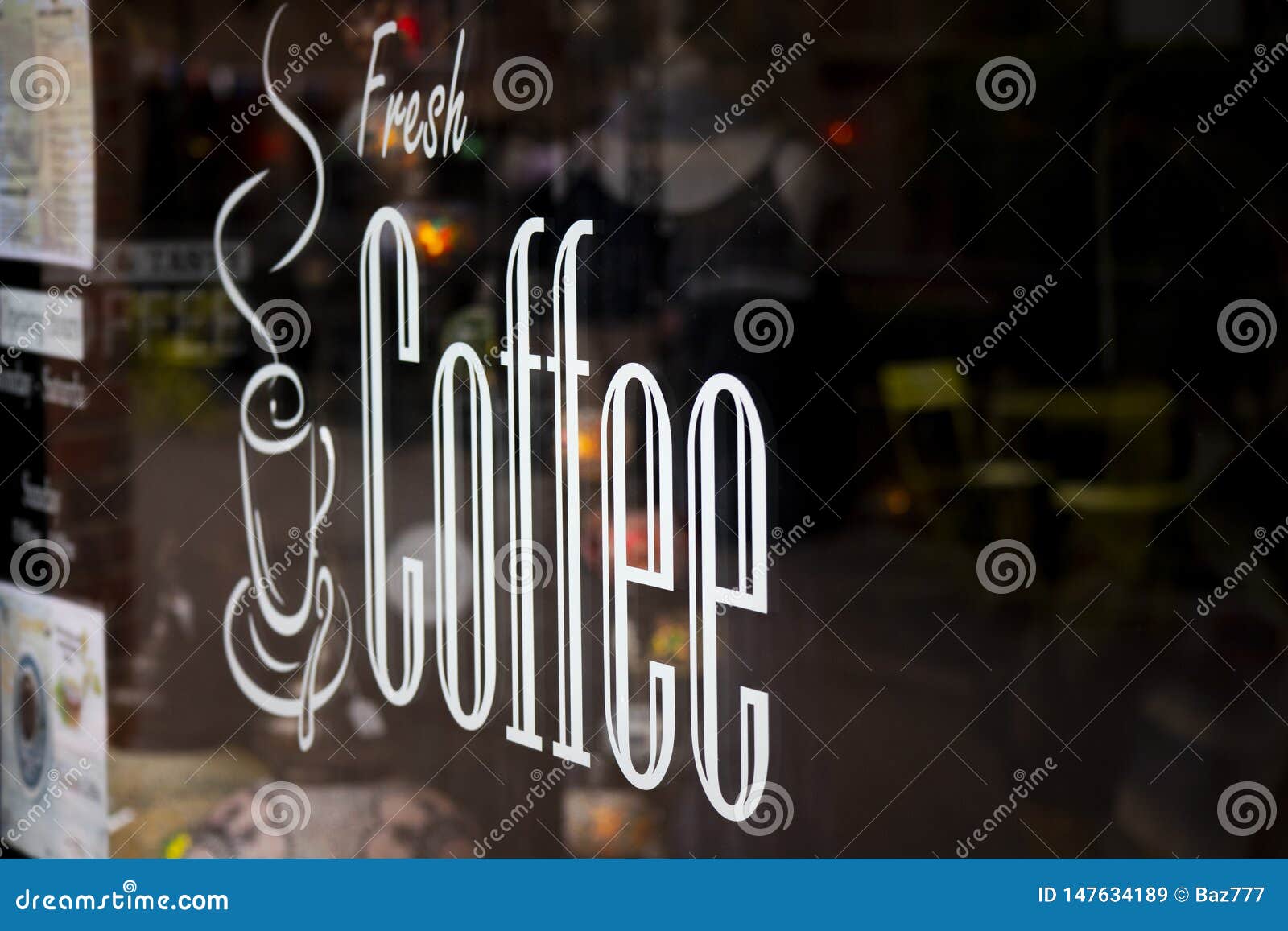 Fresh coffee sign in cafe stock image. Image of drink - 147634189