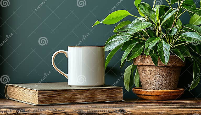 Fresh Coffee on Table, Book and Flower Pot Generated by AI Stock Photo ...