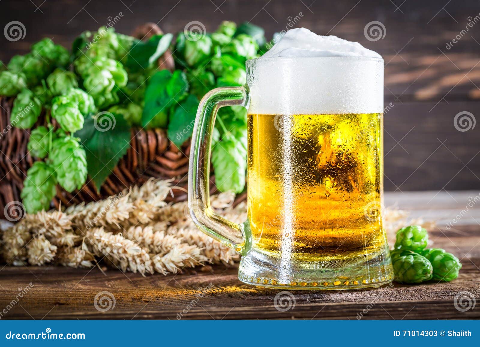 Fresh and Cold Beer with Wheat and Hops Stock Image - Image of object ...
