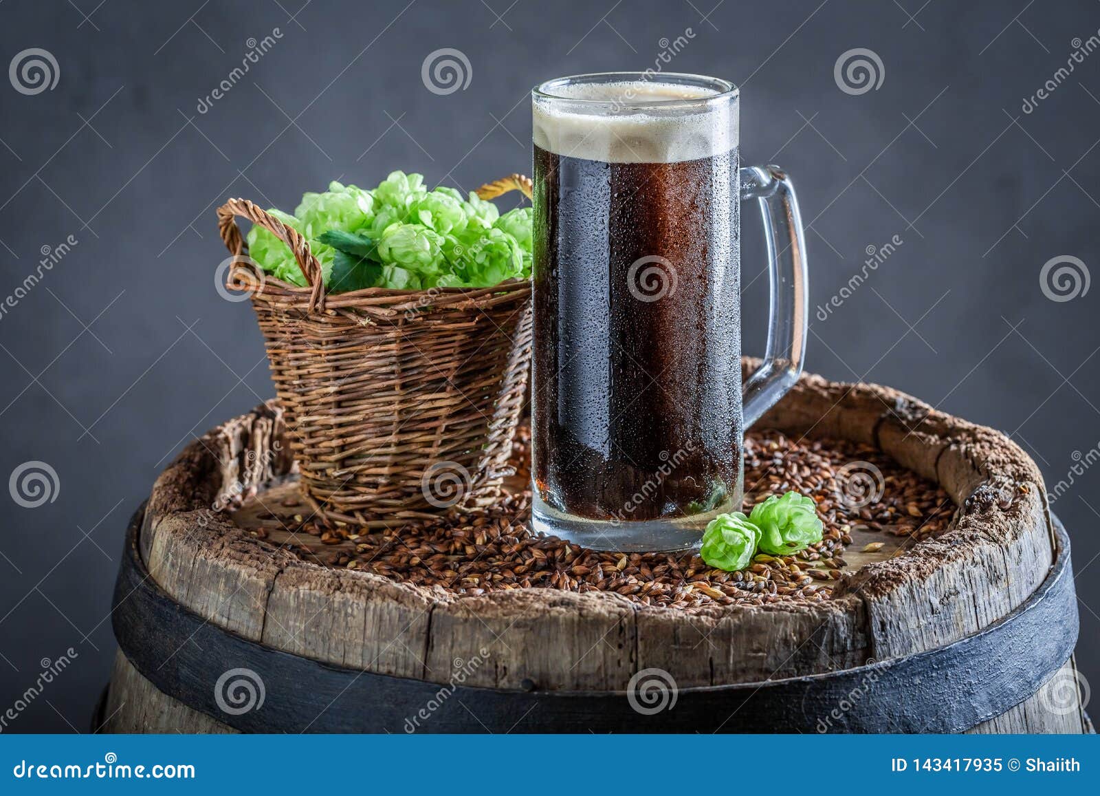 Fresh and Cold Pint of Dark Beer on Wooden Barrel Stock Image - Image ...