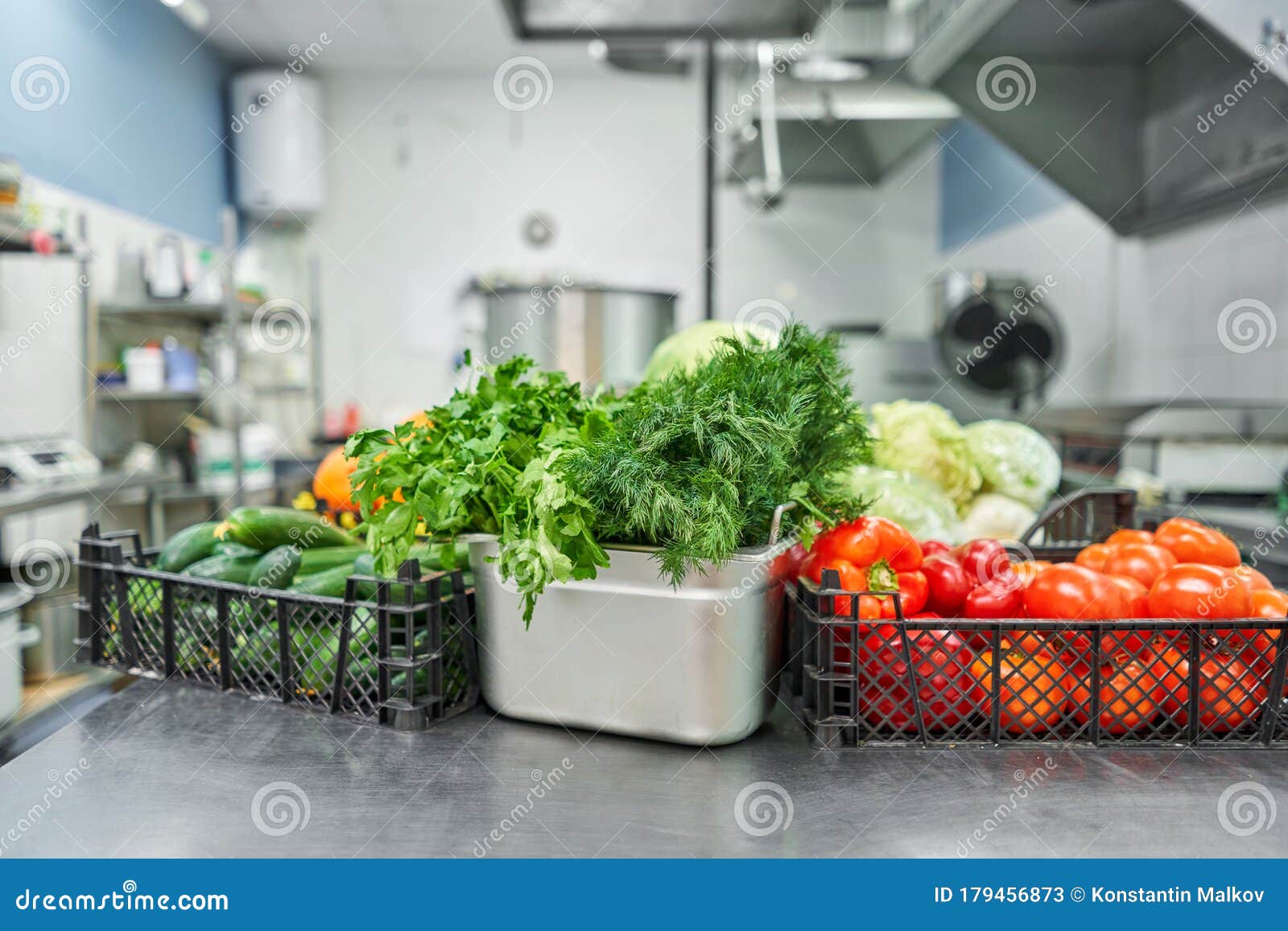 Fresh Colorful Vegetables and Fruit in Kitchen on Silver Steel Table ...