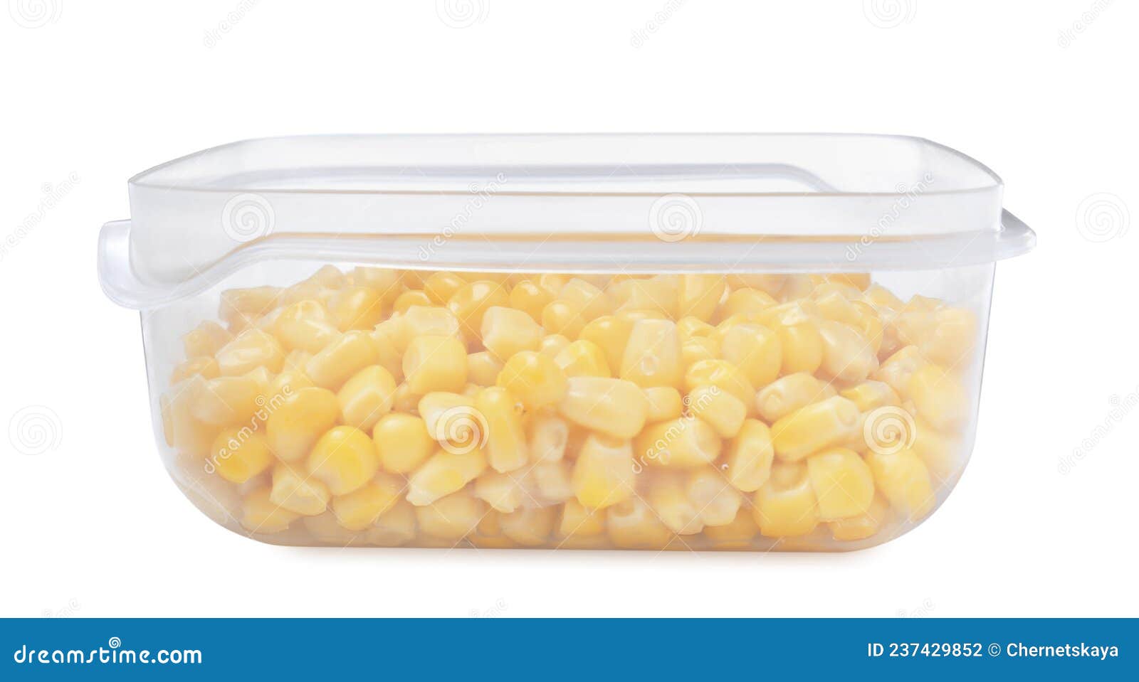 Fresh Corn Kernels in Plastic Container Isolated on White Stock Photo ...