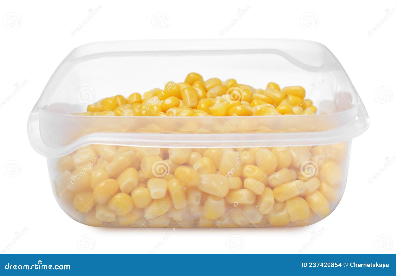 Fresh Corn Kernels in Plastic Container Isolated on White Stock Photo ...
