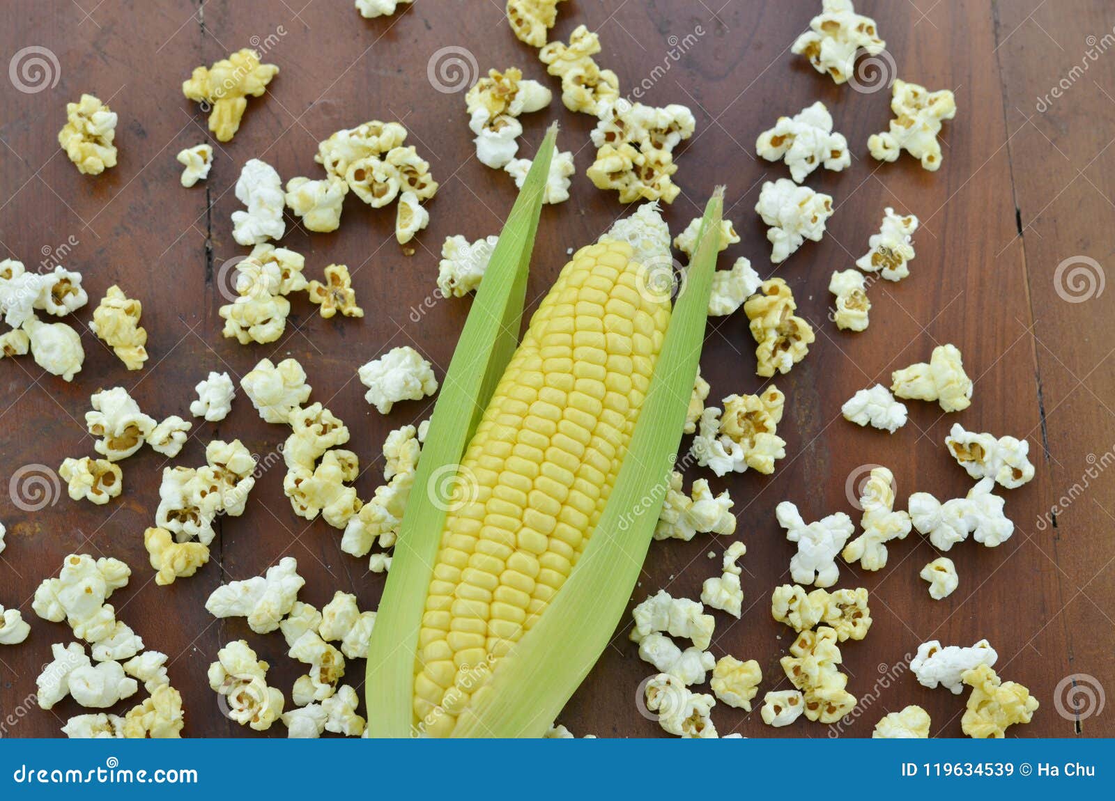 Fresh Corn with Popcorn on Wooden Background Stock Image - Image of ...